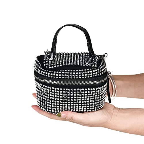 Eiyye Rhinestones Small Purse with Chain, Crossbody Handbag Mini Bucket Bag, Black Clutch Purse Rhinestones Tote Bag with Top Handle