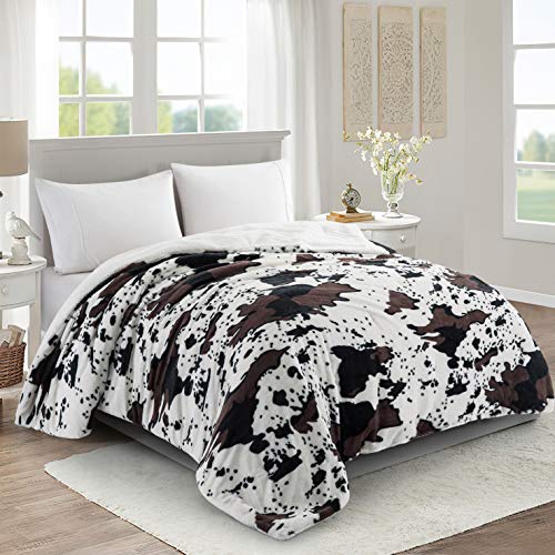 Bytide Cow Printed Soft Thick Fuzzy Faux Fur Sherpa Black White Reversible Throw Blanket Queen Size 86" x 92", Couch Bed Cover Warm Fluffy Cozy Plush Blankets Home Décor