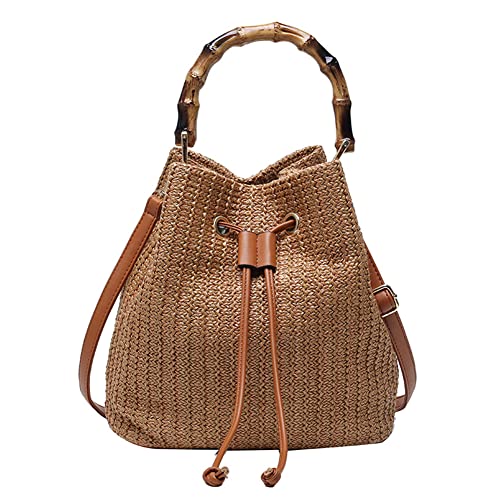 Women Straw Shoulder Bag Beach Woven Tote Bag Crossbody Bucket Handbags Summer Handmade Hobo Purse Bamboo Handle (C)