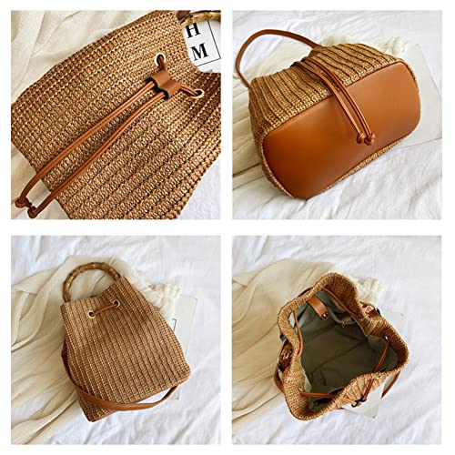 Women Straw Shoulder Bag Beach Woven Tote Bag Crossbody Bucket Handbags Summer Handmade Hobo Purse Bamboo Handle (C)