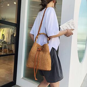 Women Straw Shoulder Bag Beach Woven Tote Bag Crossbody Bucket Handbags Summer Handmade Hobo Purse Bamboo Handle (C)