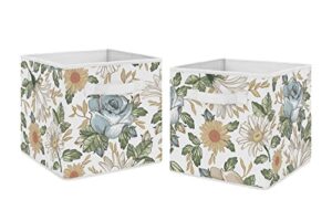 sweet jojo designs vintage floral blue yellow foldable fabric storage cube bins boxes organizer toys – set of 2 – slate green gold orange taupe beige shabby chic rose flower boho bohemian farmhouse