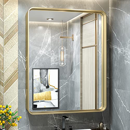 TokeShimi Gold Bathroom Mirror for Wall 36 x 30 Inch Metal Rounded Corner Rectangle Mirror Metal Frame Deep Set Design Hangs Horizontal Or Vertical