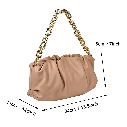 Eiyye Dumpling Purse Leather, Ruched Hobo Handbag, Buttery Soft Cloud Bag, Chain Purse Brown Dumpling Bag for Women