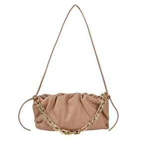 Eiyye Dumpling Purse Leather, Ruched Hobo Handbag, Buttery Soft Cloud Bag, Chain Purse Brown Dumpling Bag for Women