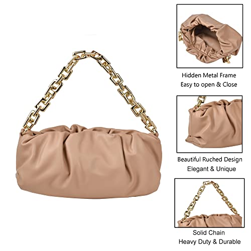 Eiyye Dumpling Purse Leather, Ruched Hobo Handbag, Buttery Soft Cloud Bag, Chain Purse Brown Dumpling Bag for Women