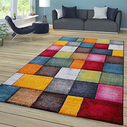 Colorful Living Room Rug Check Design with Squares Multicolor, Size: 5'3" x 7'7"