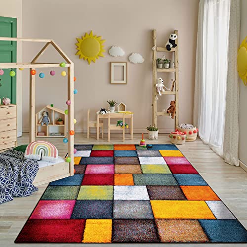 Colorful Living Room Rug Check Design with Squares Multicolor, Size: 5'3" x 7'7"