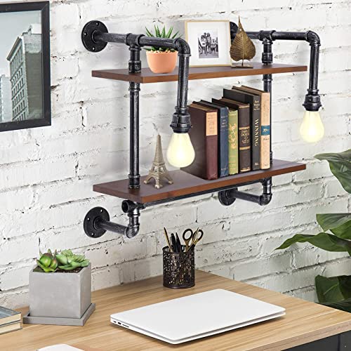 TFCFL Industrial Pipe Shelving with Light, 2 Tier Wall Mounted Steampunk Metal Pipe Floating Shelves Unit Rustic Hanging Book Organizer Storage Bookshelf with Wood Board for Home Office