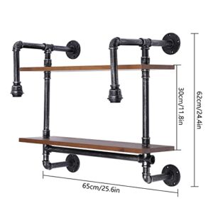 TFCFL Industrial Pipe Shelving with Light, 2 Tier Wall Mounted Steampunk Metal Pipe Floating Shelves Unit Rustic Hanging Book Organizer Storage Bookshelf with Wood Board for Home Office