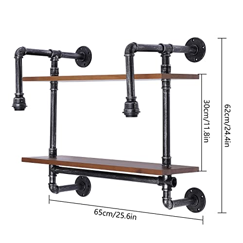 TFCFL Industrial Pipe Shelving with Light, 2 Tier Wall Mounted Steampunk Metal Pipe Floating Shelves Unit Rustic Hanging Book Organizer Storage Bookshelf with Wood Board for Home Office