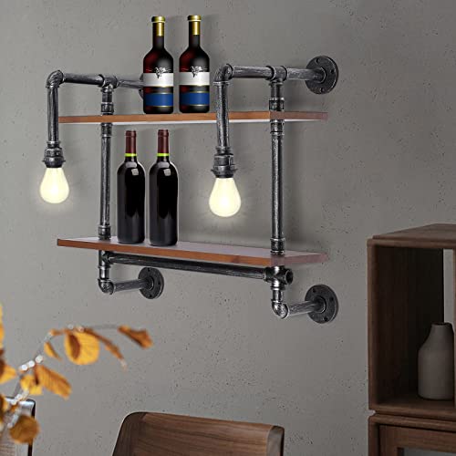 TFCFL Industrial Pipe Shelving with Light, 2 Tier Wall Mounted Steampunk Metal Pipe Floating Shelves Unit Rustic Hanging Book Organizer Storage Bookshelf with Wood Board for Home Office