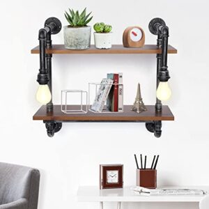 TFCFL Industrial Pipe Shelving with Light, 2 Tier Wall Mounted Steampunk Metal Pipe Floating Shelves Unit Rustic Hanging Book Organizer Storage Bookshelf with Wood Board for Home Office