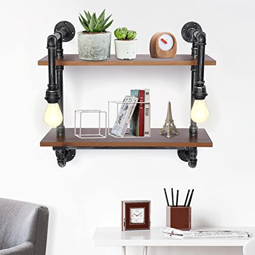 TFCFL Industrial Pipe Shelving with Light, 2 Tier Wall Mounted Steampunk Metal Pipe Floating Shelves Unit Rustic Hanging Book Organizer Storage Bookshelf with Wood Board for Home Office