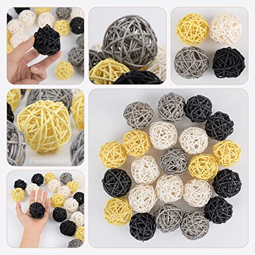 Framendino, 24 Pack 2 Inch Wicker Rattan Balls Decorative for Home Decor DIY Vase Bowl Filler Black Grey Yellow White