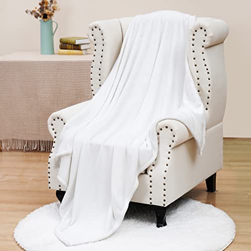 PHF Ultra Soft Fleece Throw Blanket, No Shed No Pilling Luxury Plush Cozy 300GSM Lightweight Blanket for Bed, Couch, Chair, Sofa Suitable for All Season, 50" x 60", White