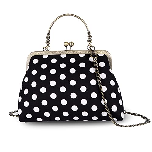 Abuyall Floral Top Handle Handbag Chain Strap Women Kiss Lock Canvas Frame Shoulder Bag White-polka-dot