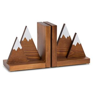 waratah designs mountain bookends – mountain decor for shelves – adventure decor wooden book ends – woodland nursery decor – non slip decorative bookends for heavy books, rustic office decor