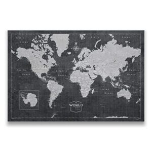 conquest maps world travel map with pins modern slate style push pin travel map cork board, track your travels w/a handmade unique canvas pinable map (36″ x 24″)