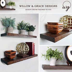 Willow & Grace Tom 24-Inch Display Decor Floating Wood Shelves with Iron Corners for Kitchen, Bedroom, & Living Room Spaces, Dark Walnut (4 Pack)