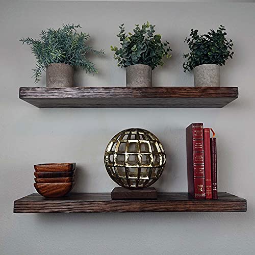 Willow & Grace Tom 24-Inch Display Decor Floating Wood Shelves with Iron Corners for Kitchen, Bedroom, & Living Room Spaces, Dark Walnut (4 Pack)