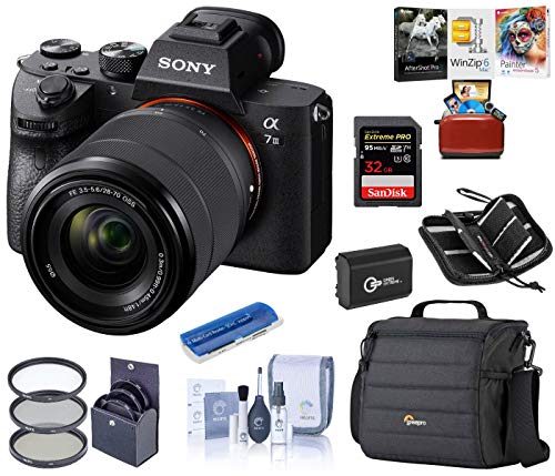 Sony Alpha a7III Full-Frame 4K UHD Mirrorless Digital Camera with 28-70mm Lens Bundle with Camera Bag + Extra Battery + Filter Kit + Mac Software Kit + 32GB SD Card + SD Card Case + Cleaning Kit