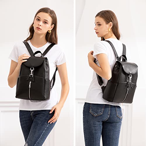 COOLCY Genuine Leather Backpack Purse for Women Black Fashion Backpack (Black)