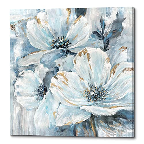 Abstract Floral Blue Wall Art: White Magnolia Canvas Artwork Gold Foil Flower Modern Painting Gray Watercolor Blossom Picture large Elegant Botanical Prints for Bathroom Bedroom Living Room