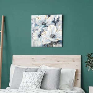 Abstract Floral Blue Wall Art: White Magnolia Canvas Artwork Gold Foil Flower Modern Painting Gray Watercolor Blossom Picture large Elegant Botanical Prints for Bathroom Bedroom Living Room