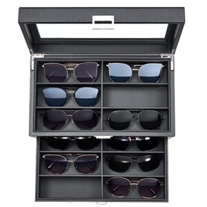 BEWISHOME Sunglasses Organizer, 12 Slots Sunglasses Case for Men, Eyeglasses Display Case with Clear Glass Top, Carbon Fiber Design,Black SSH48C