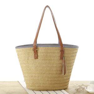 Simple Shoulder Woven Bag Fashion Tassel Pendant Straw Bag Beach Women's Bag Bamboo Basket Tote Bag Travel Soft Bags (Color : Beige)