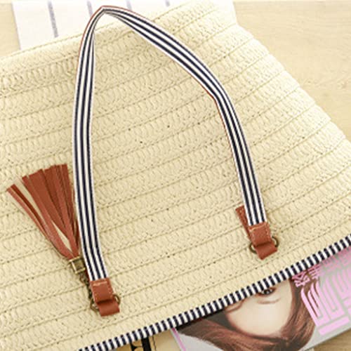 Simple Shoulder Woven Bag Fashion Tassel Pendant Straw Bag Beach Women's Bag Bamboo Basket Tote Bag Travel Soft Bags (Color : Beige)