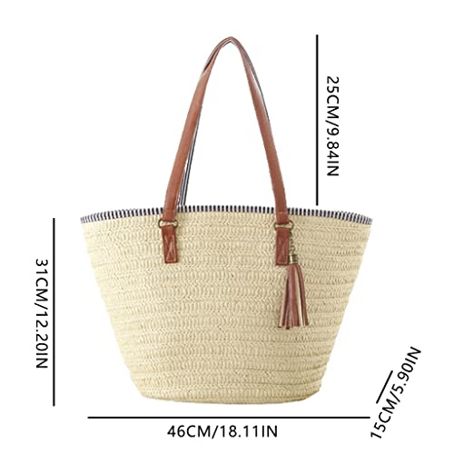 Simple Shoulder Woven Bag Fashion Tassel Pendant Straw Bag Beach Women's Bag Bamboo Basket Tote Bag Travel Soft Bags (Color : Beige)