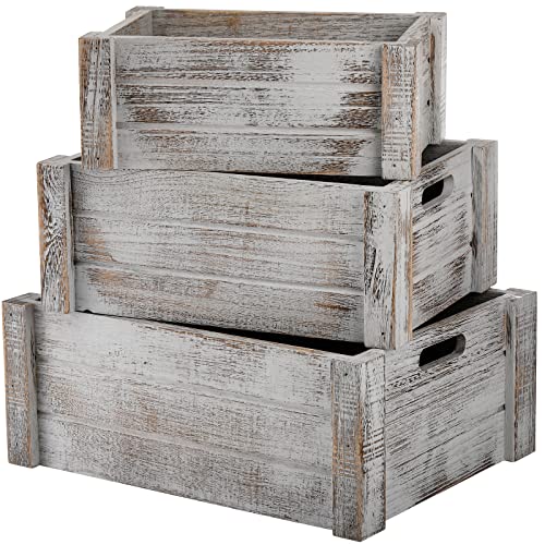 Hacaroa 3 Pack Wood Crates with Handles, Rustic Nesting Storage Container Box Decorative Wooden Basket Bins for Fruit, Vegetable, Home, Laundry, Farmhouse, 3 Sizes