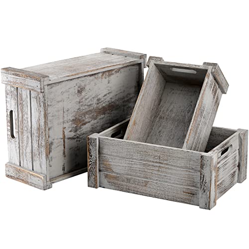 Hacaroa 3 Pack Wood Crates with Handles, Rustic Nesting Storage Container Box Decorative Wooden Basket Bins for Fruit, Vegetable, Home, Laundry, Farmhouse, 3 Sizes