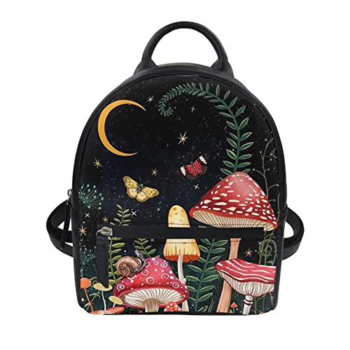 PZZ BEACH Mushroom Night Mini Backpack PU Leather Daypack Bag for Women Girls Casual