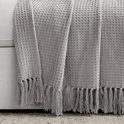 Lush Decor Waffle Cotton Knit Throw Blanket, 60" x 50", Light Gray