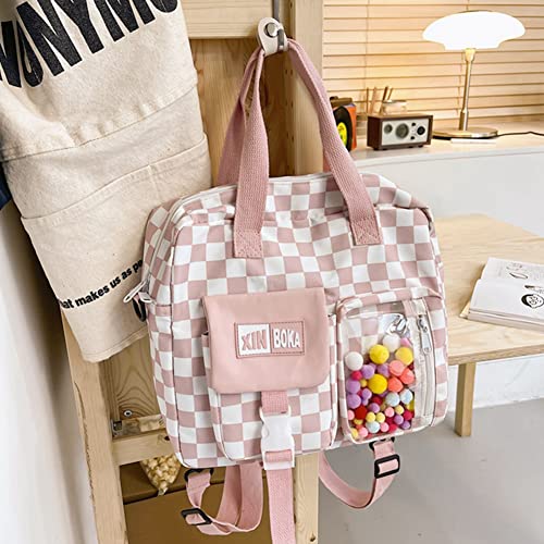 ASUYOERU Japanese Plaid Shoulder Backpack Korean Large Capacity Students Schoolbag, Pink, large 41*30*12cm