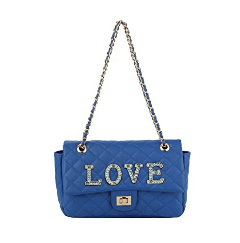 Quilted Crossbody Bags for Women, Bling Letter, Multi Color, Classic Flap (Blue_Love)