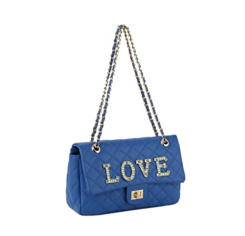 Quilted Crossbody Bags for Women, Bling Letter, Multi Color, Classic Flap (Blue_Love)