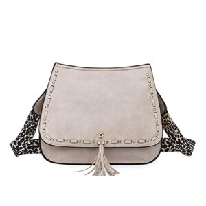 women shoulder crossbody purse with wide guitar strap, tassel design handbags vintage satchel purse, off white