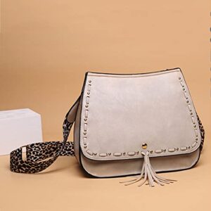 Women Shoulder Crossbody Purse with Wide Guitar Strap, Tassel Design Handbags Vintage Satchel Purse, Off White