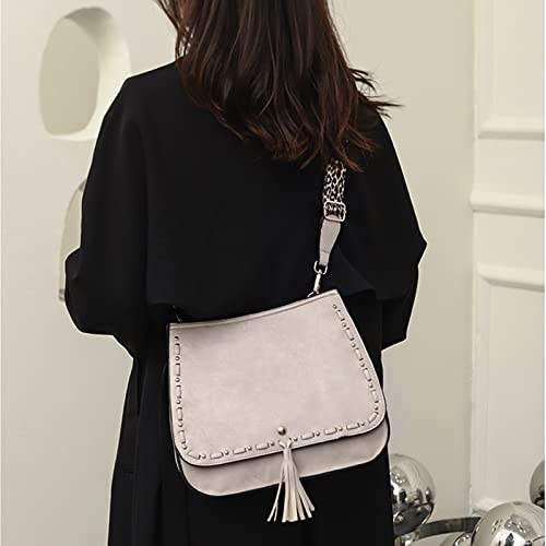 Women Shoulder Crossbody Purse with Wide Guitar Strap, Tassel Design Handbags Vintage Satchel Purse, Off White