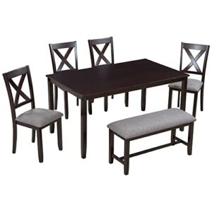 LUMISOL 6 Piece Counter Height Dining Table Set with Bench Farmhouse Style Kitchen Table and Chair Set for 6 with X-Back Chairs for Dining Room and Living Room