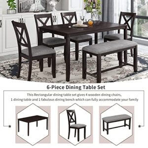 LUMISOL 6 Piece Counter Height Dining Table Set with Bench Farmhouse Style Kitchen Table and Chair Set for 6 with X-Back Chairs for Dining Room and Living Room