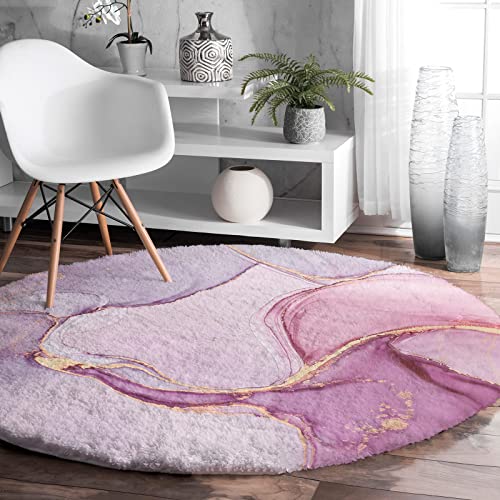 Round Area Rug Soft Fluffy Rugs Pink Marble Gradient Golden Texture,Non Slip Floor Mat Furry Carpet for Bedroom,Ocean Abstract Art Shaggy Circular Rugs for Living Room Nursery 48in