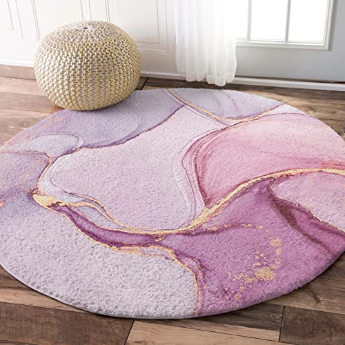 Round Area Rug Soft Fluffy Rugs Pink Marble Gradient Golden Texture,Non Slip Floor Mat Furry Carpet for Bedroom,Ocean Abstract Art Shaggy Circular Rugs for Living Room Nursery 48in