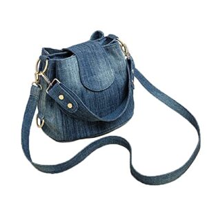 nigedu casual denim bucket shoulder handbag women crossbody bags large capacity female tote vintage canvas purse bag (dark blue)