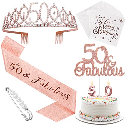 Gaciban 50th Birthday Decorations Women，50th Birthday Crown and Sash, Cake Topper, Birthday Candles, Napkins Sett, 50th Birthday Gifts for Women (Rose Gold)