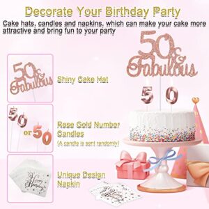 Gaciban 50th Birthday Decorations Women，50th Birthday Crown and Sash, Cake Topper, Birthday Candles, Napkins Sett, 50th Birthday Gifts for Women (Rose Gold)